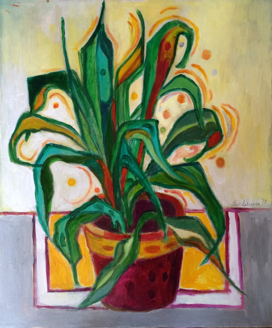 Still life with Plant in Red Pot - Acrylic on Canvas, in Recent Artwork